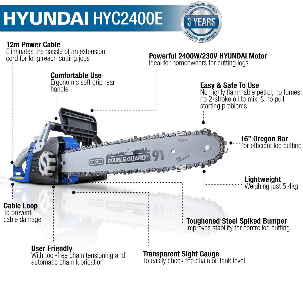 Hyundai 2400W 230V 16 Bar Electric Chainsaw HYC2400E